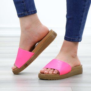 Shoes | Neon Pink Faux Leather Slip On Comfort Sandal | Poshmark